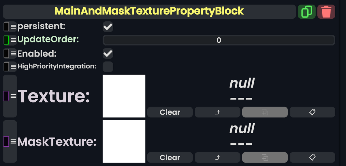 Component:MainAndMaskTexturePropertyBlock - Resonite Wiki